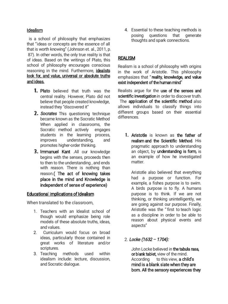 Idealism Realism Pragmatism Existentialism | PDF | Curriculum | Idealism