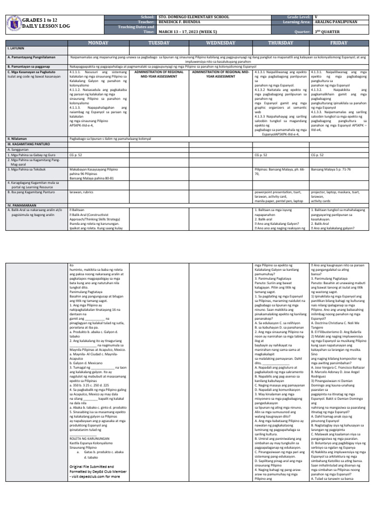 DLL - Araling Panlipunan 5 - Q3 - W5 | PDF