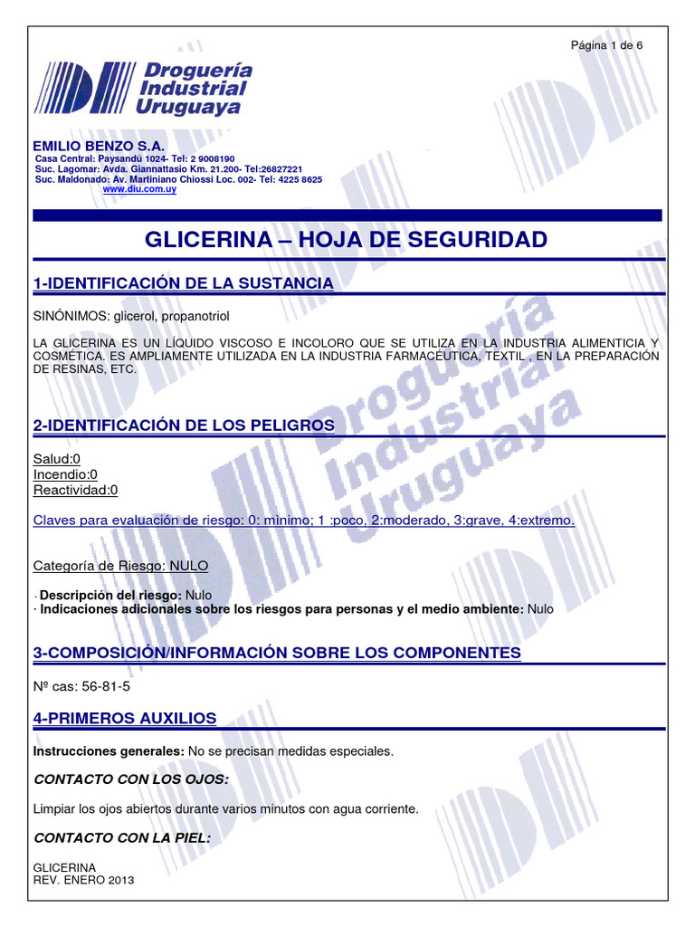 Glicerina MSDS | PDF | Agua | Glicerol