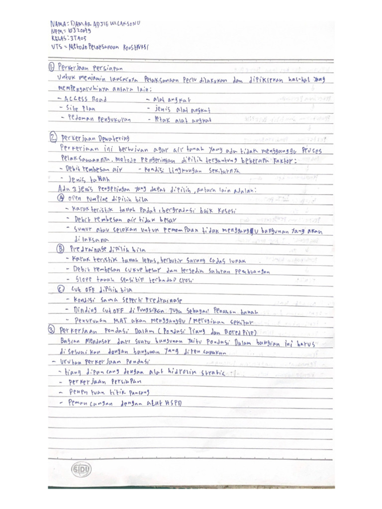 Damar Adjie Wicaksono - 10320079 - 3TA05 - UTS Metode Pelaksanaan Konstruksi | PDF