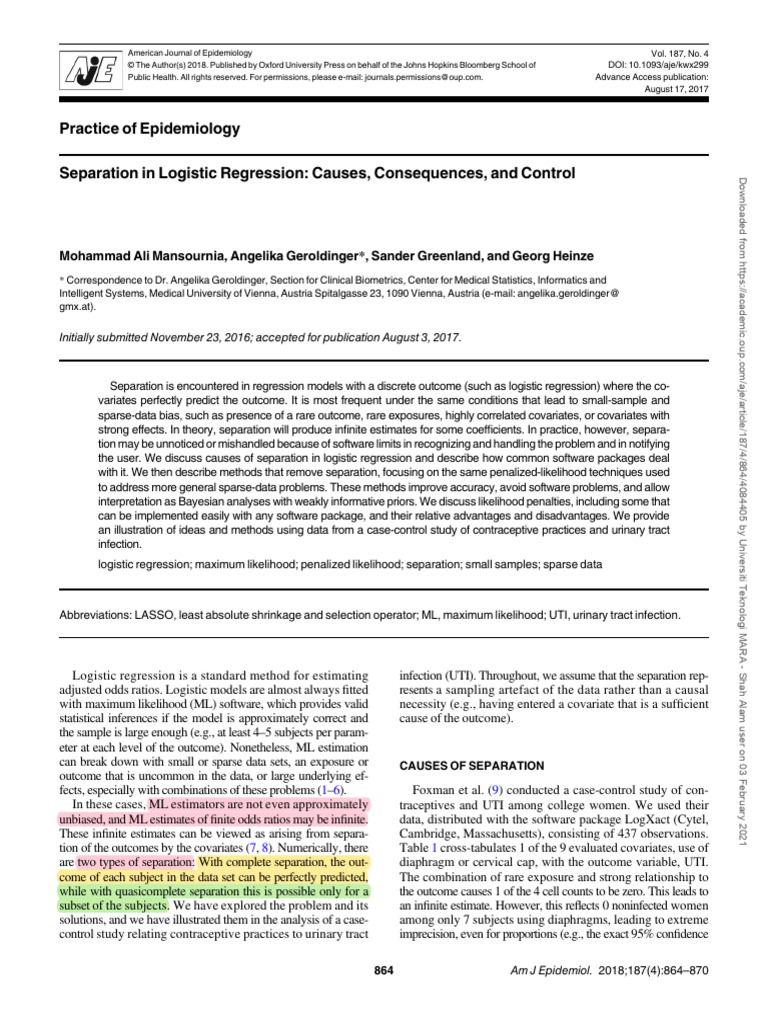 Separation in Logistic Regression - Causes Consequences and Control | PDF | Logistic Regression ...