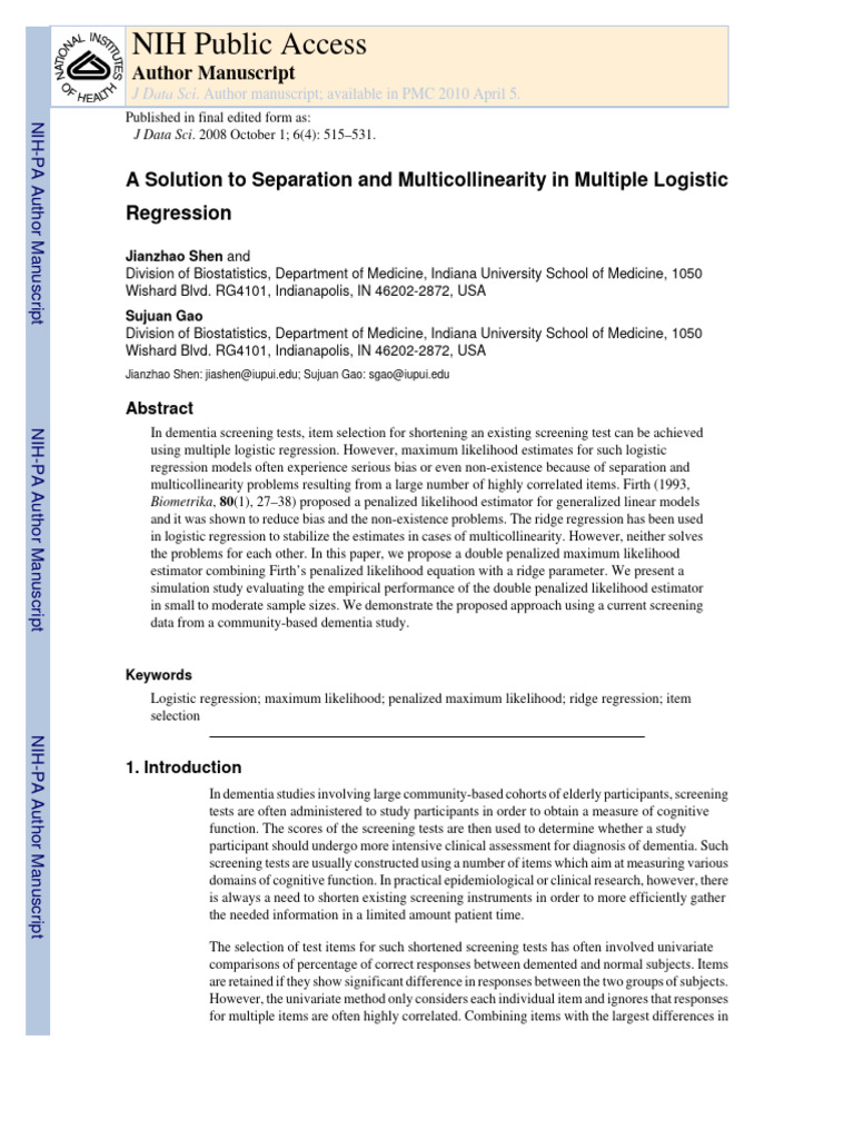 A Solution To Separation and Multicollinerity in Multiple Logistic Regression | PDF | Logistic ...