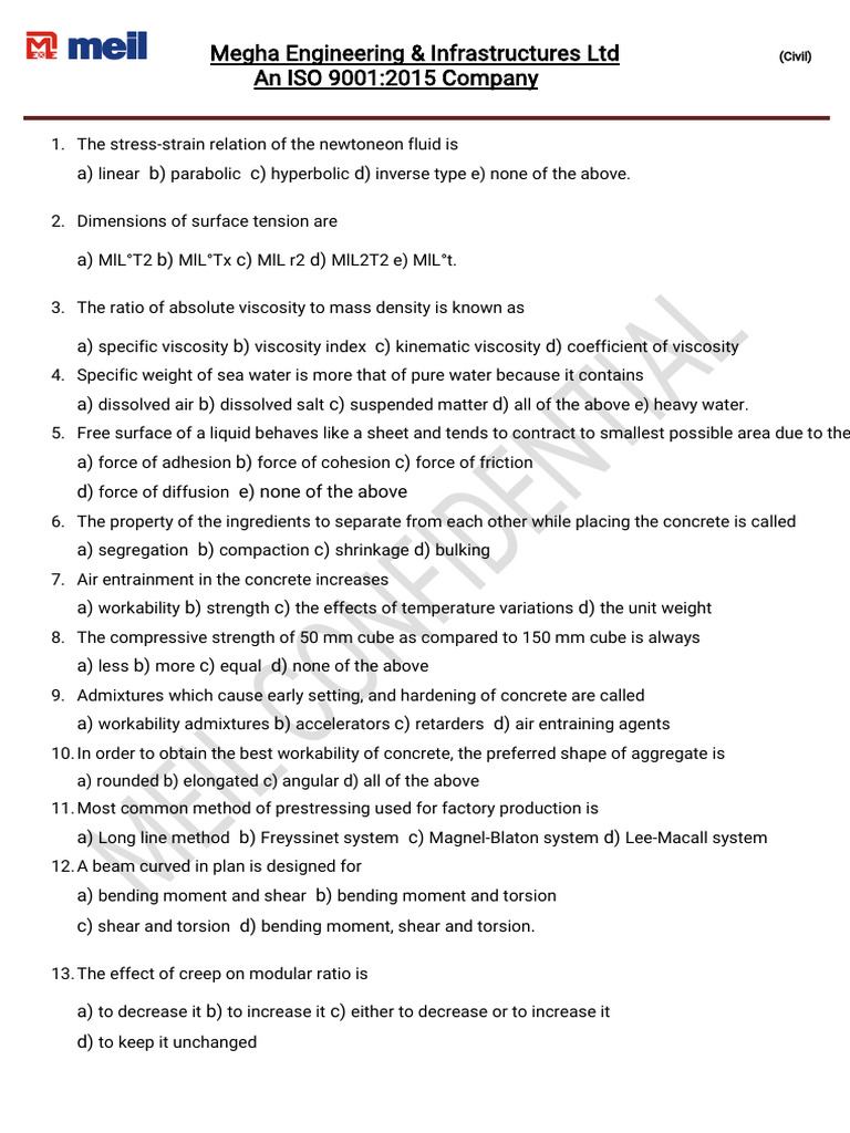 Civil Engineering Quiz Questions | PDF | Viscosity | Concrete