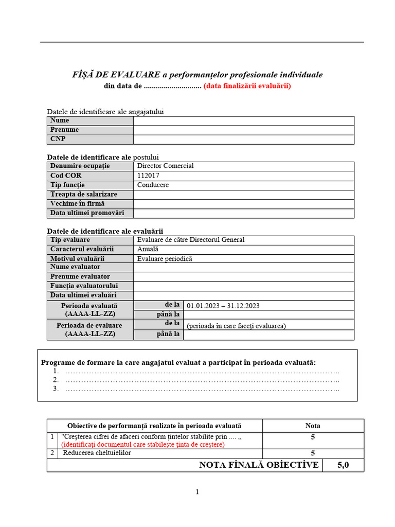 Fisa Evaluare Profesionala - Director Comercial | PDF