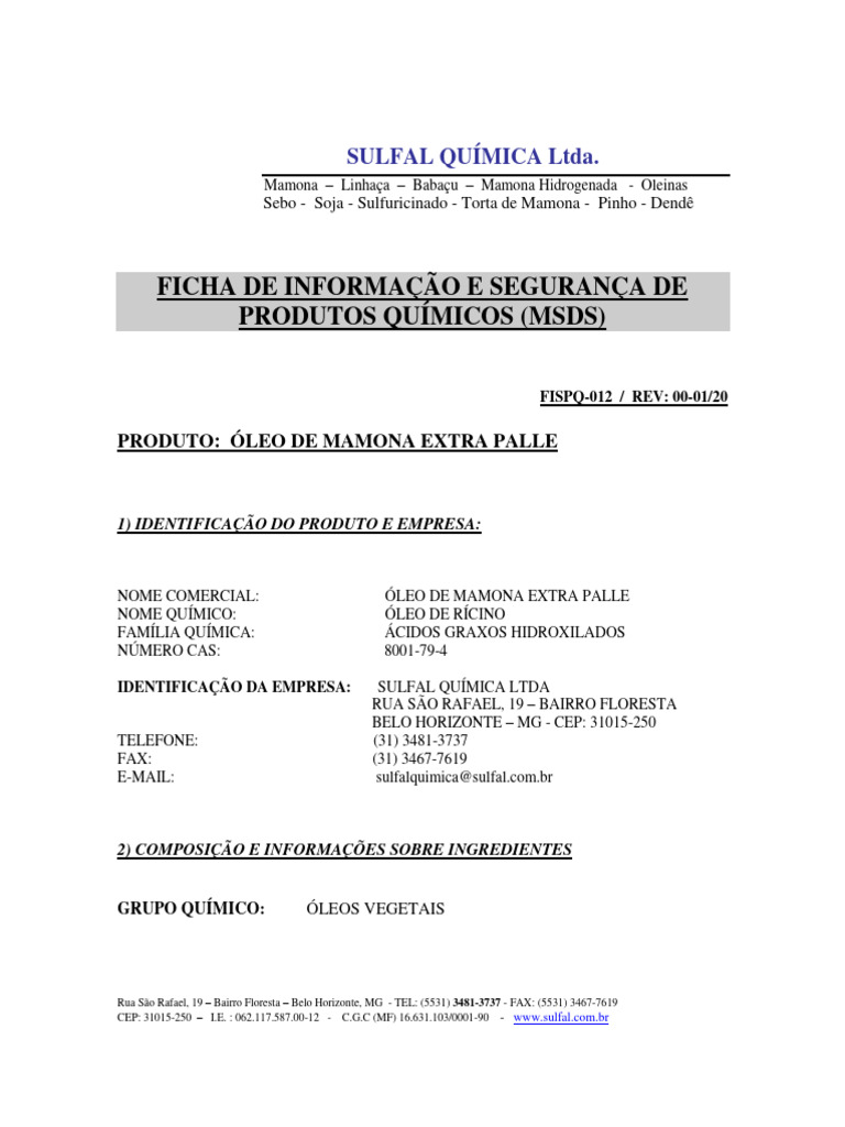 FISPQ - Óleo de Mamona Ricino | PDF | Química | Substancias químicas