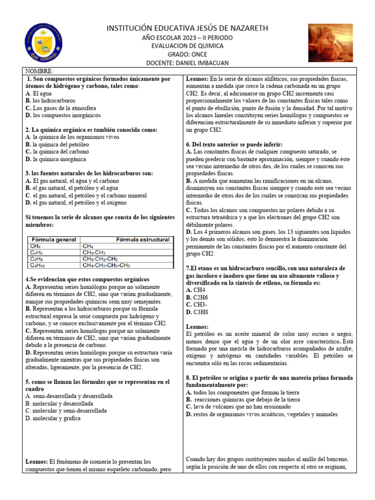 Examen Grado 11° - Quimica | PDF | Alcano | Hidrocarburos