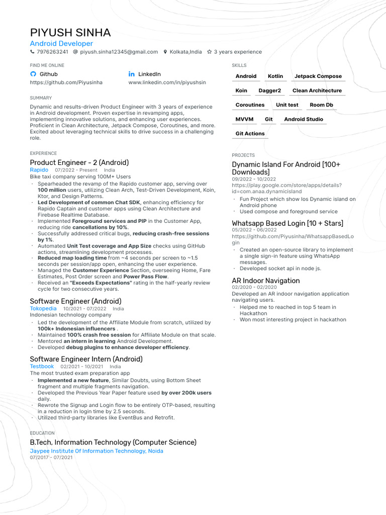 Piyush Sinha Resume | PDF | Android (Operating System) | Software