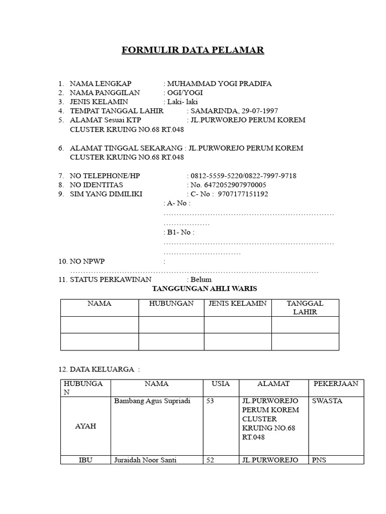 Form Data PelamarPT - JayaBaruAbadi | PDF