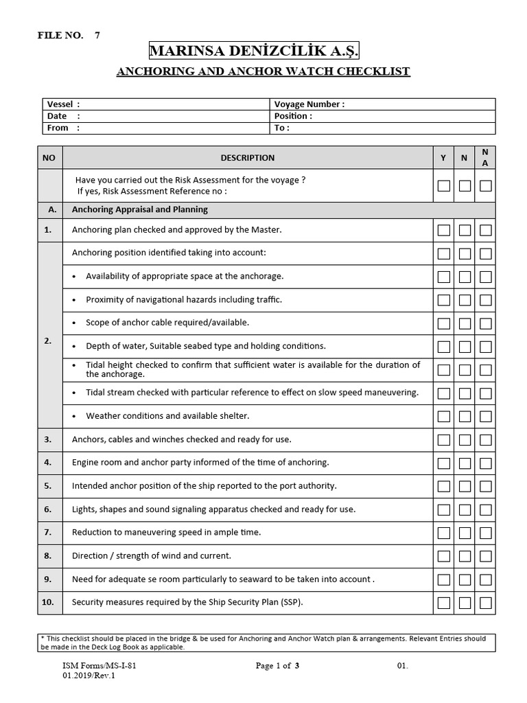 Ms-I-81 Anchoring and Anchor Watch Checklist | PDF