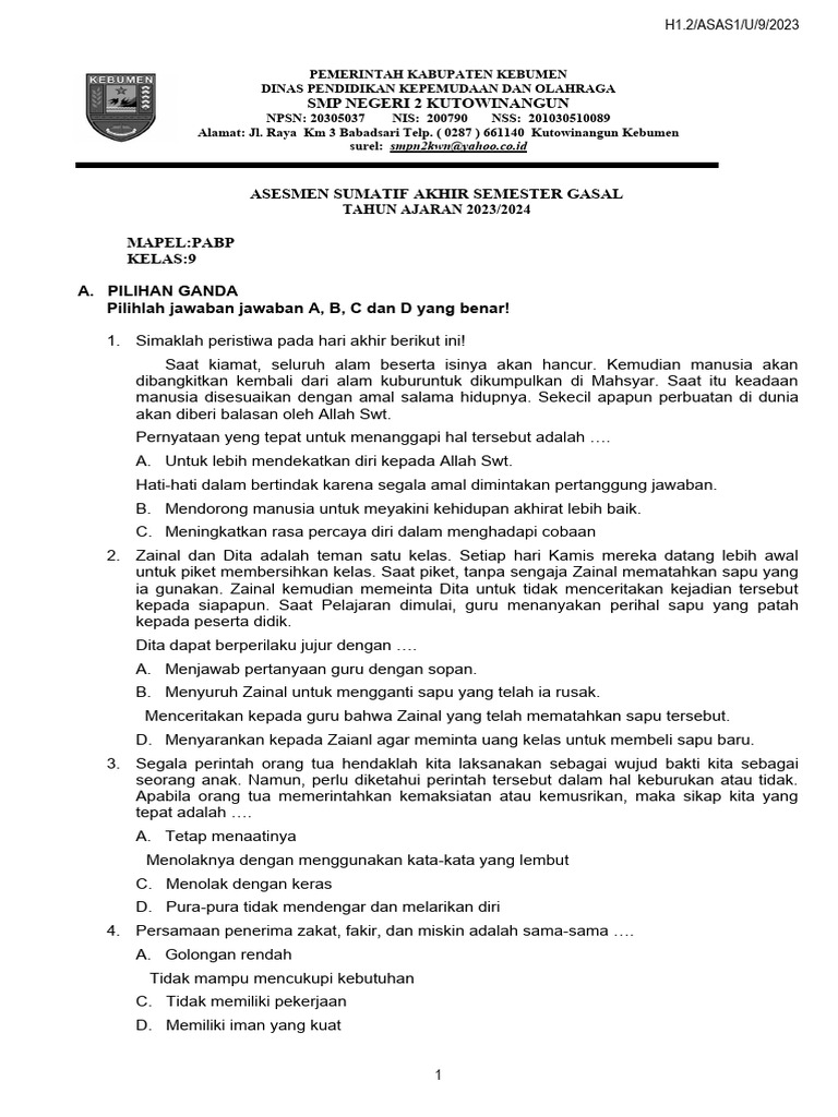 LEMBAR Soal Utama ASAS 1 2023 - PABP | PDF