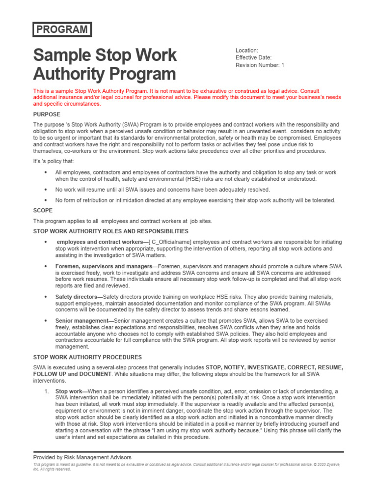 Sample Stop Work Autority Program | PDF | Safety | Employment
