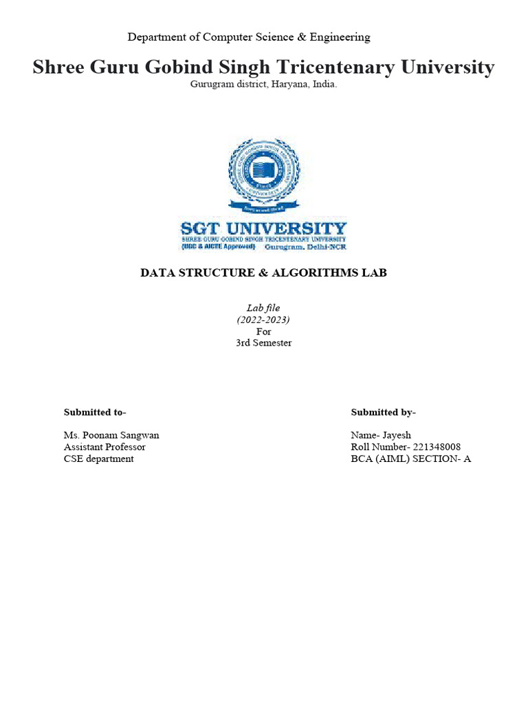 Shree Guru Gobind Singh Tricentenary University: Department of Computer Science & Engineering | PDF