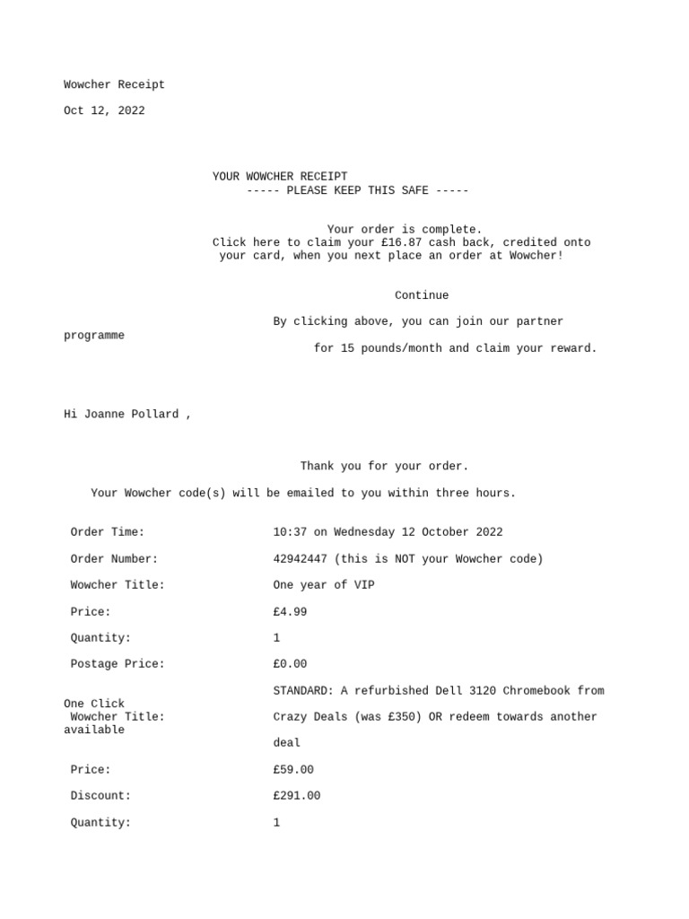 Wowcher Receipt for Joanne | PDF | Service Industries