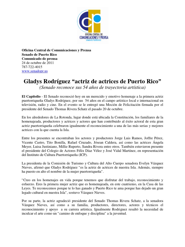 Comunicado de Prensa Gladys Rodriguez Actriz de Actrices | PDF | Puerto ...