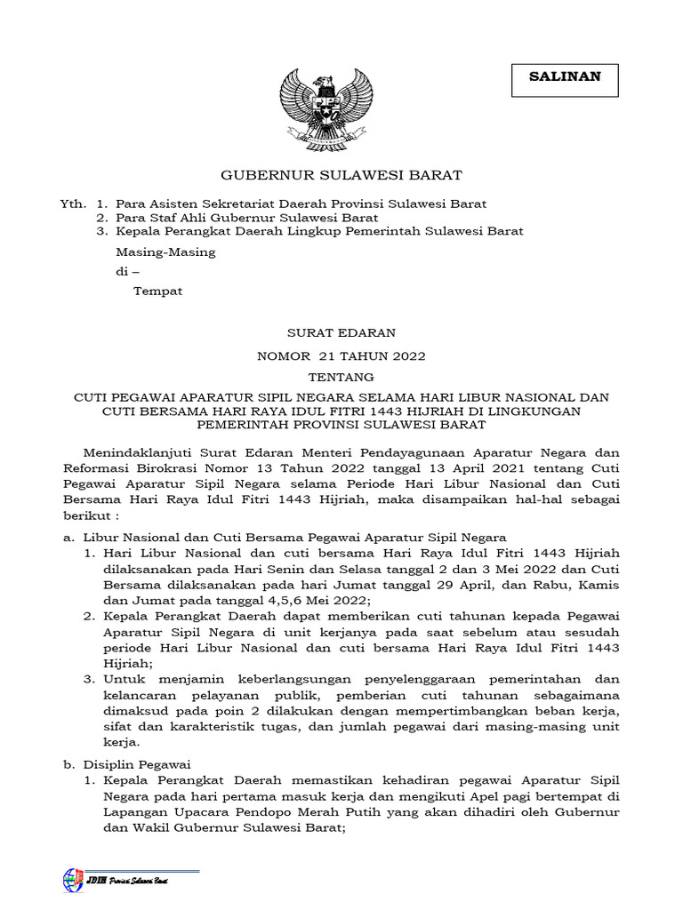 Surat Edaran Nomor 21 Tahun 2022 - Cuti Pegawai Aparatur Sipil Negara ...