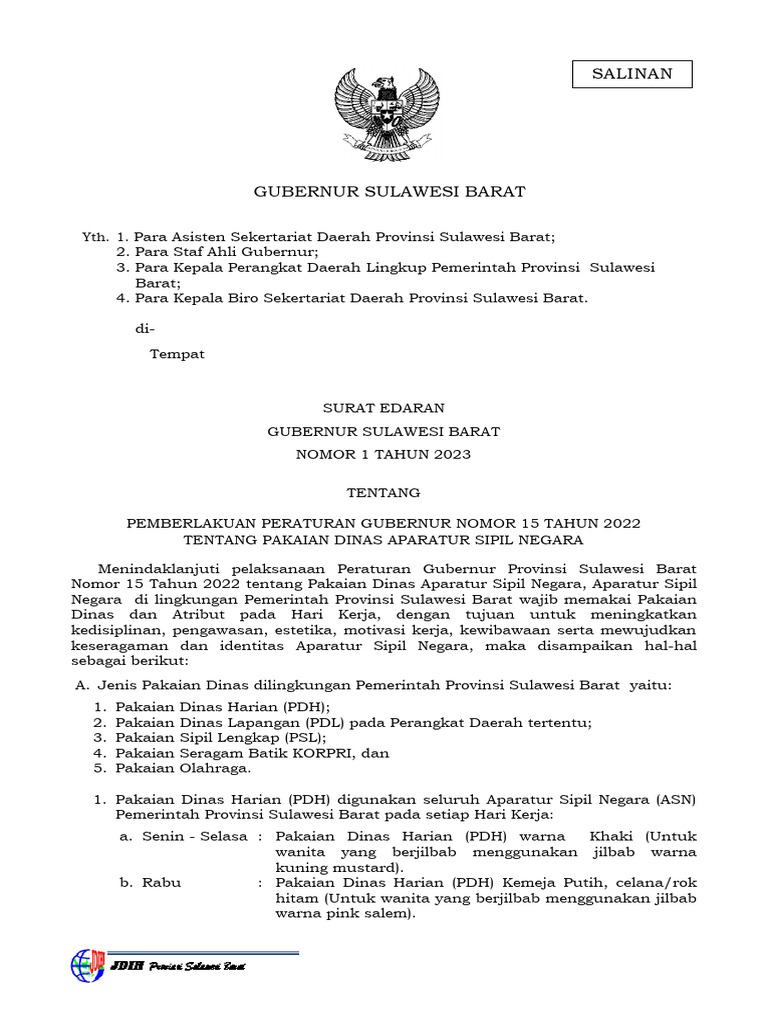 Surat Edaran Nomor 1 Tahun 2023 - Pemberlakuan Peraturan Gubernur Nomor 15 Tahun 2022 Tentang ...