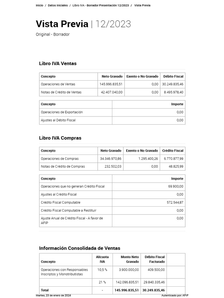 Informe Detallado Libro IVA 12/2023 | PDF | Impuesto al valor agregado ...