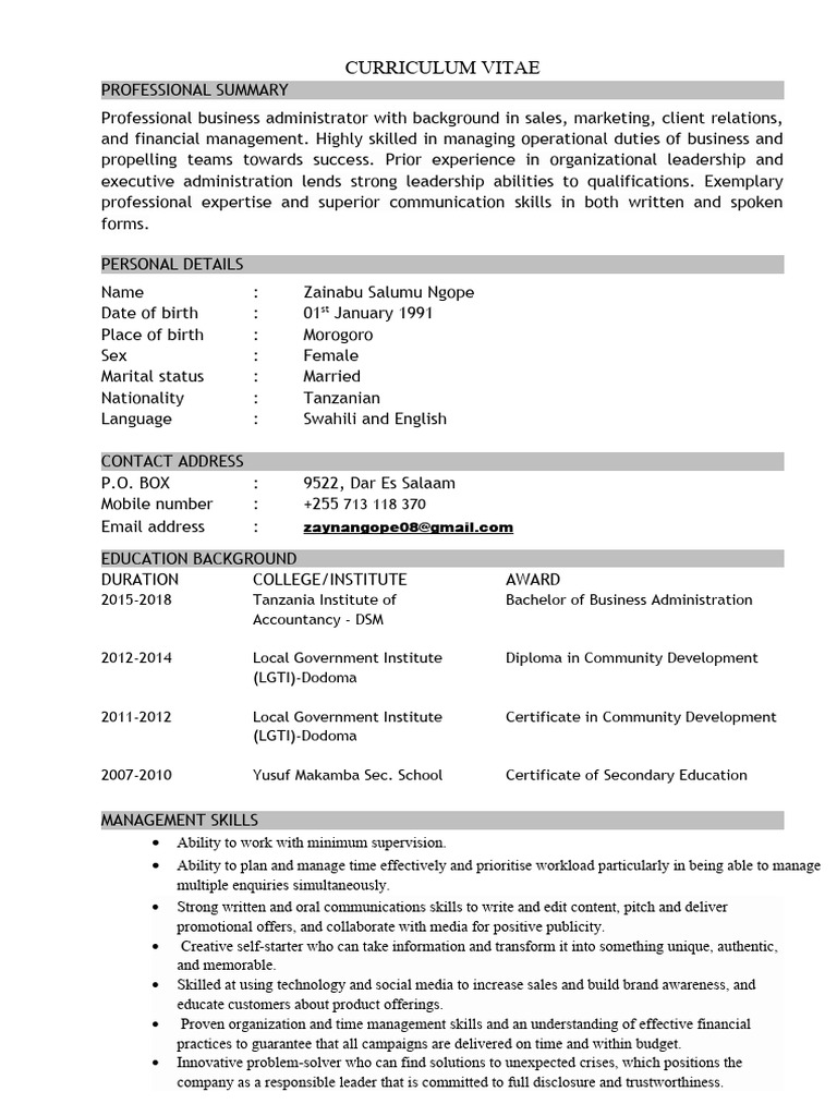 Curriculum Vitae (CV) | PDF | Tanzania | Business