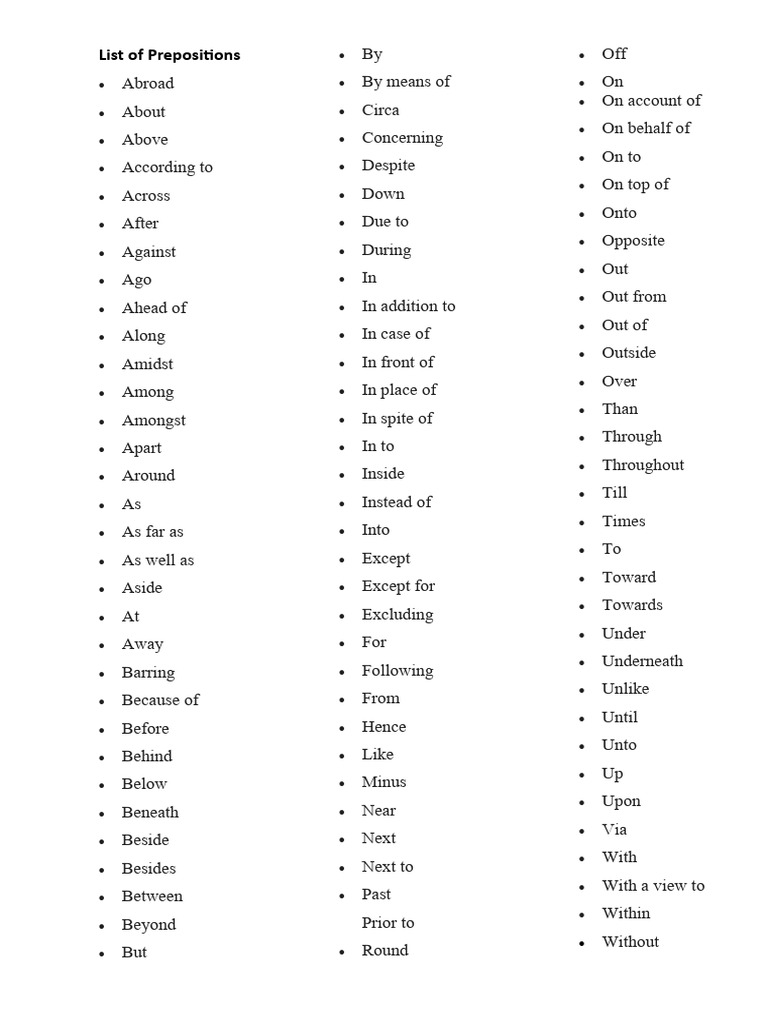 List of Prepositions | PDF
