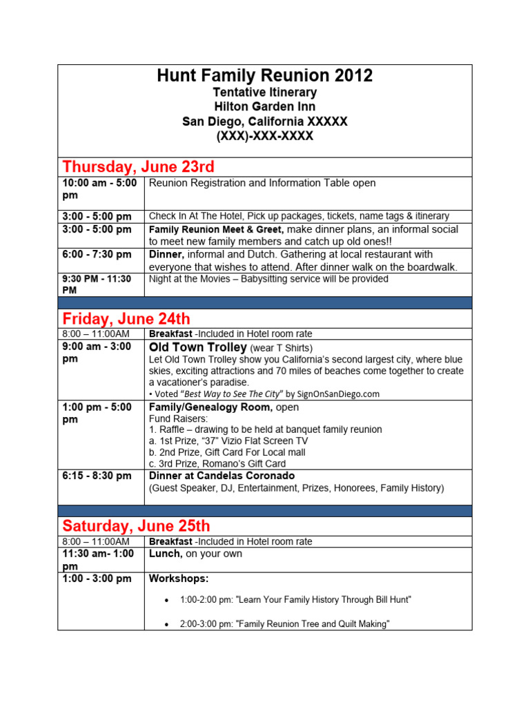 Sample Agenda For Family Reunion | PDF