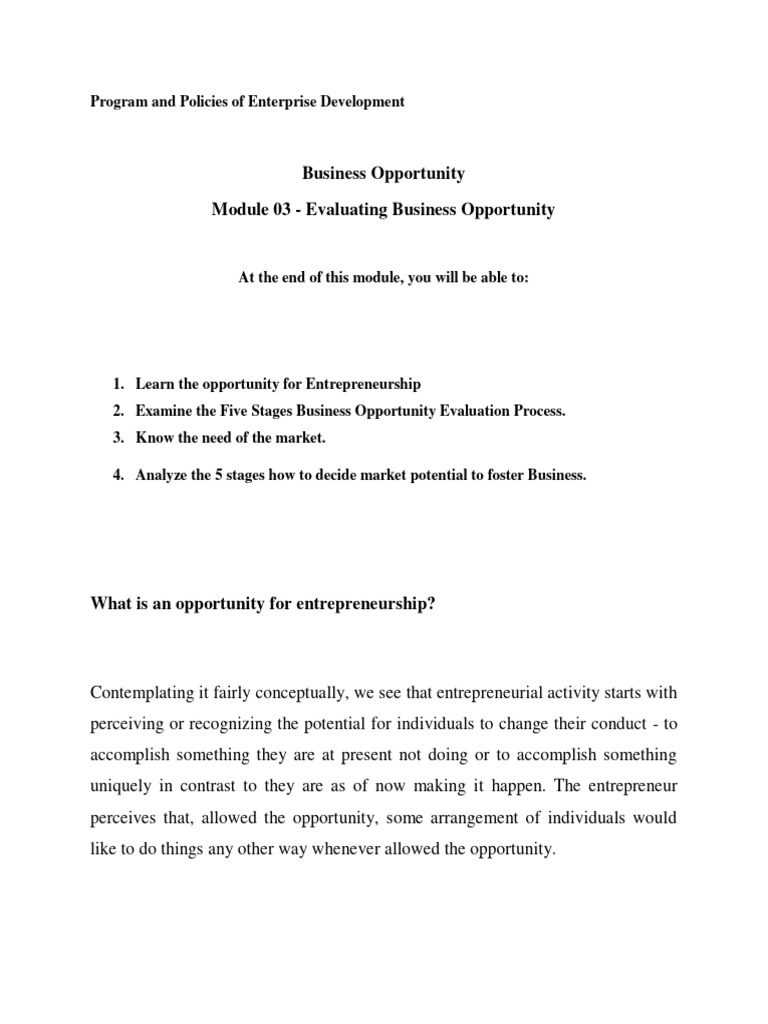 Evaluating Business Opportunities Guide | PDF | Entrepreneurship ...