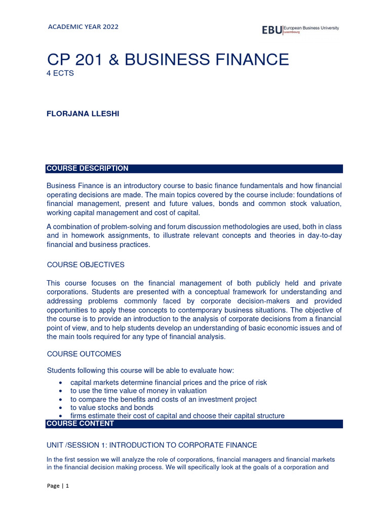 Business Finance Course Overview 2022 | PDF | Valuation (Finance ...