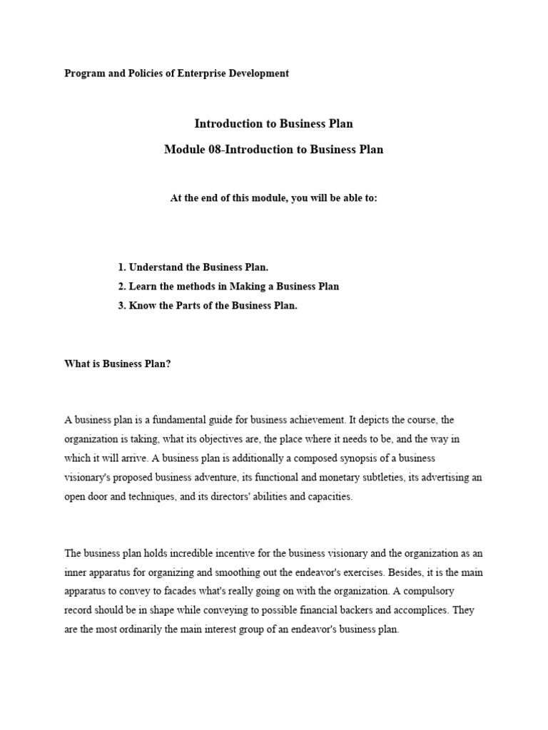 Week 8 Module-Introduction To A Business Plan PDF | PDF