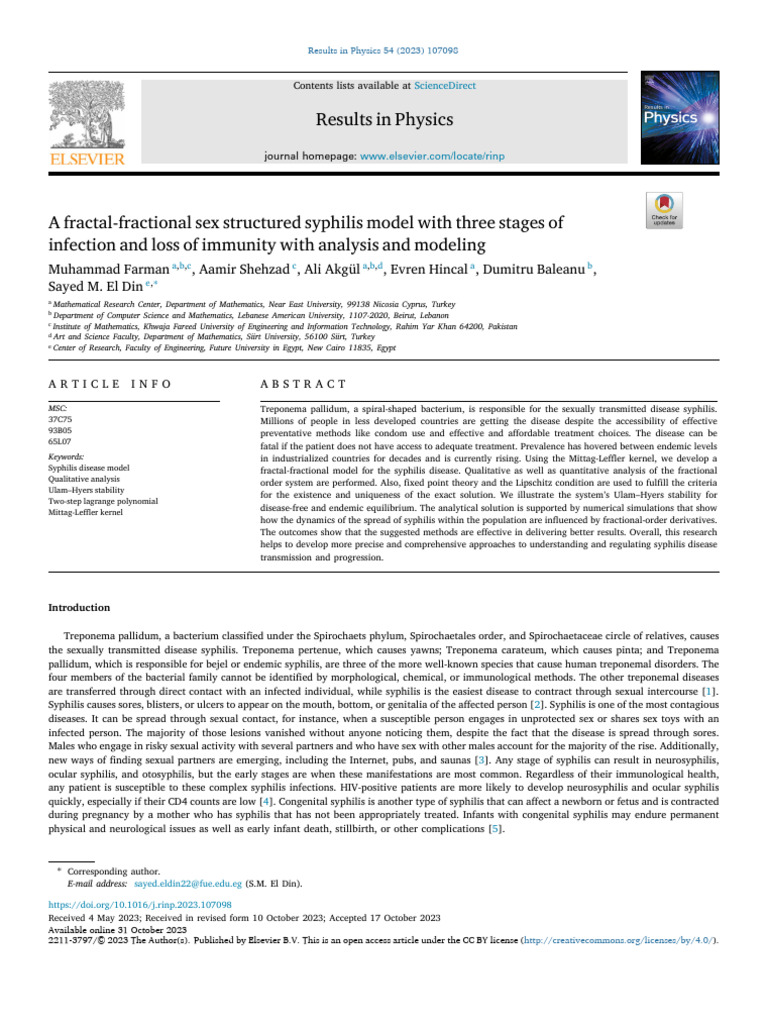 A Fractal Fractional Sex Structured Syphilis Model With Three 2023 Results Pdf
