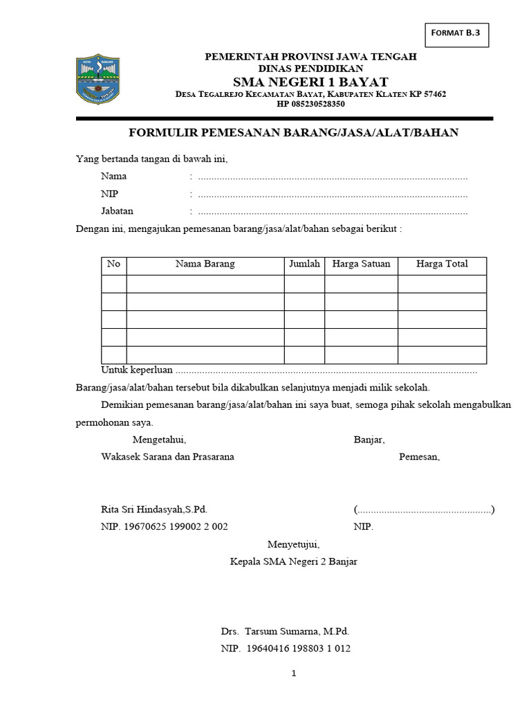 FORMULIR PEMESANAN BARANG | PDF