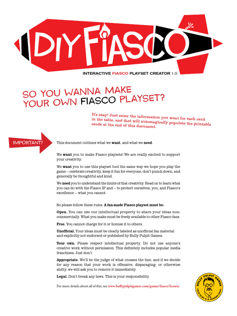 DIY Fiasco Playset Creator Guide | PDF | Role Playing Games