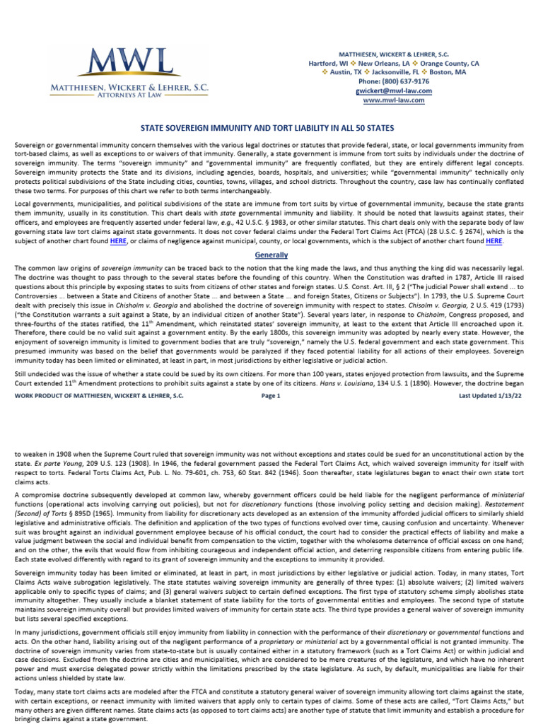 State Sovereign Immunity And Tort Liability Chart Pdf Sovereign Immunity Tort