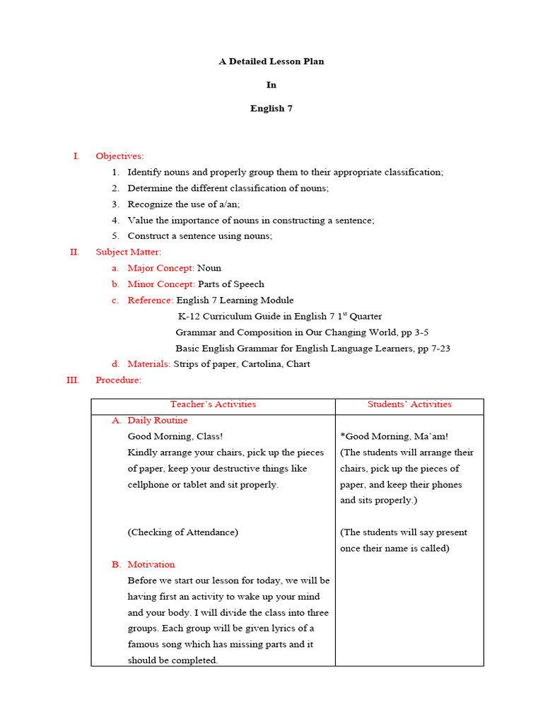 JHS English Lesson Plan on Nouns | PDF | Noun | Word