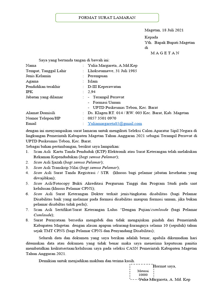 Format Surat Lamaran, Surat Pernyataan Dan Pengalaman Kerja (2) Yulia | PDF