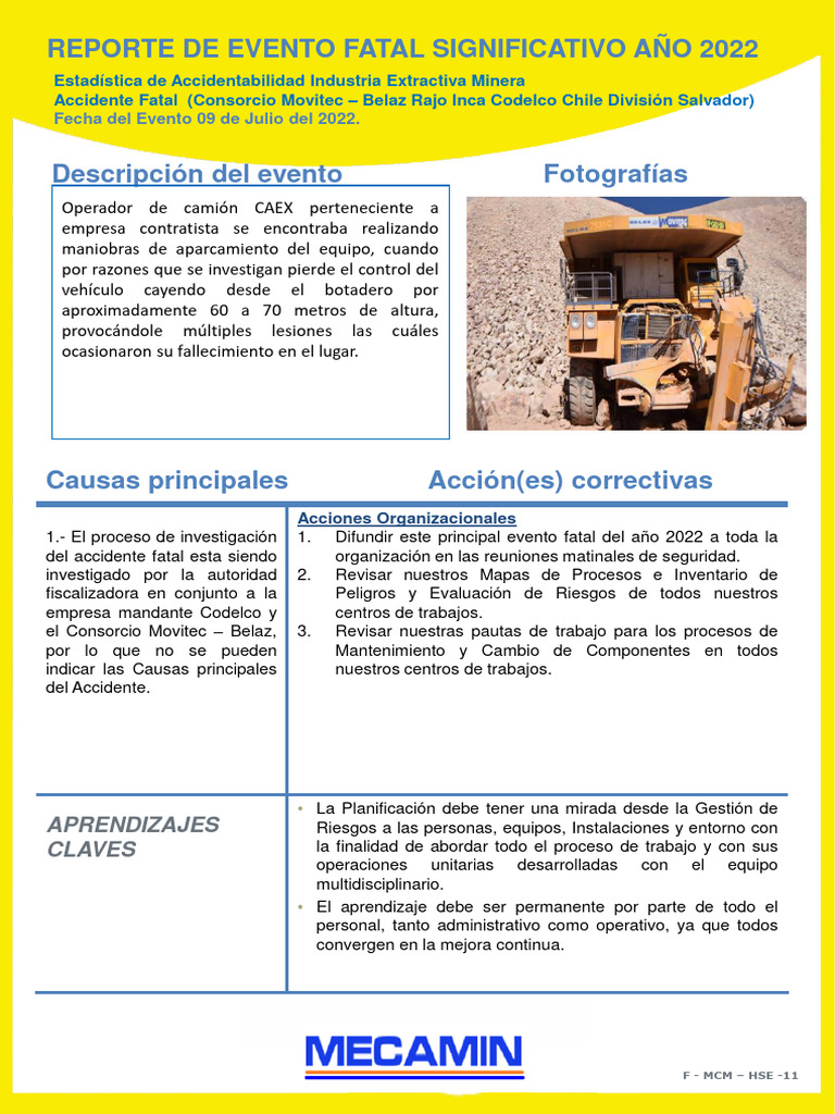 Reporte de Evento Fatal Significativo Año 2022 | PDF
