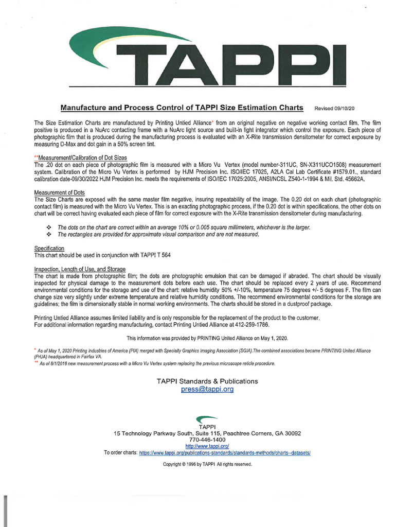 Tappi Manufacture And Process Control Of Tappi Size Estimation Charts