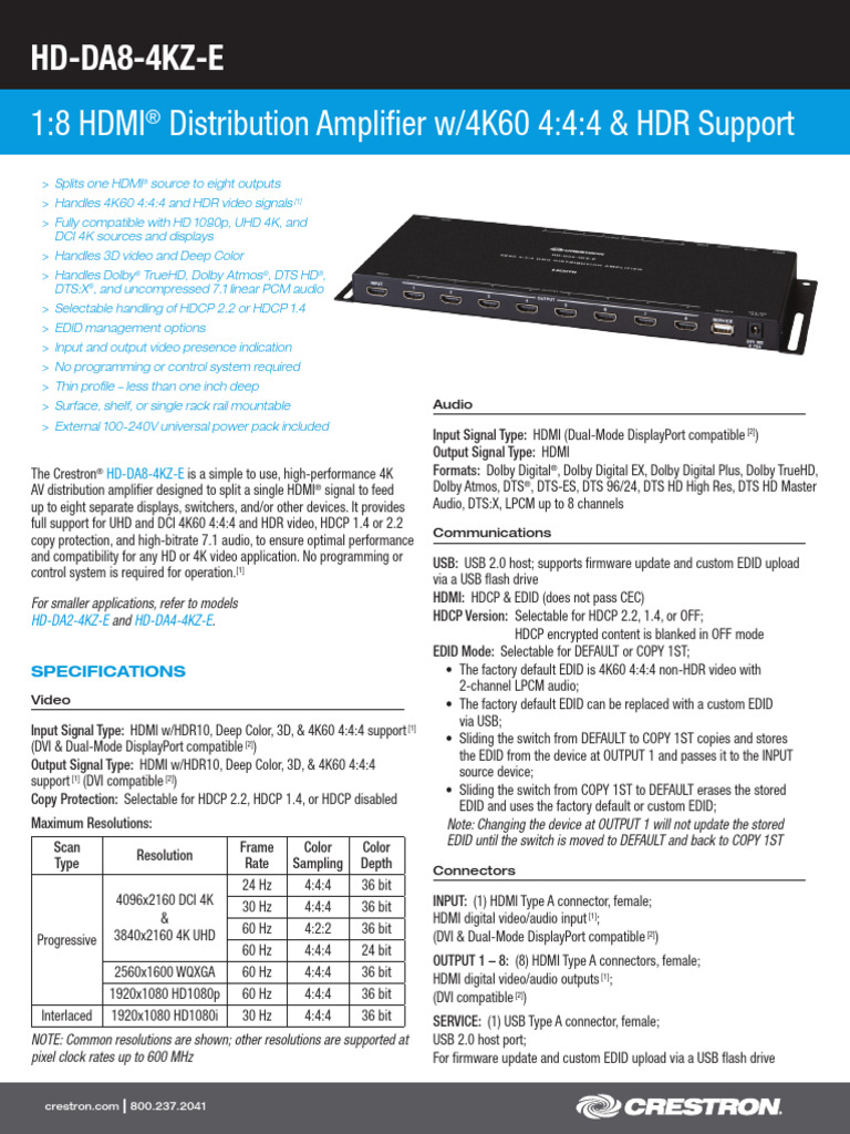 1:8 HDMI Distribution Amplifier w/4K60 4:4:4 & HDR Support: HD-DA8-4KZ ...