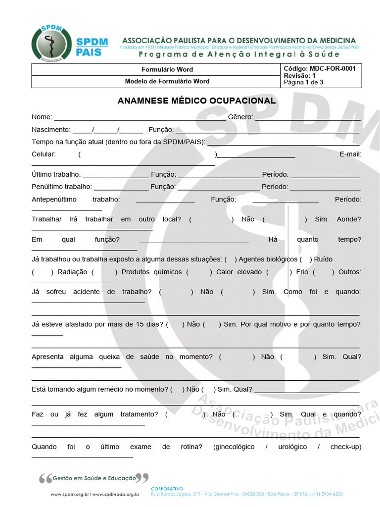 Mdc-For-0001 Anamnese Médico Ocupacional | PDF | Gravidez | Medicina ...
