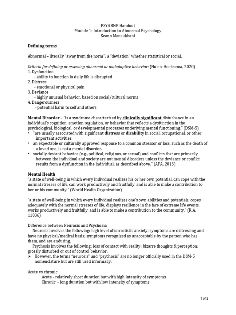 Module 1 Handout - Introduction To Abnormal Psychology | PDF