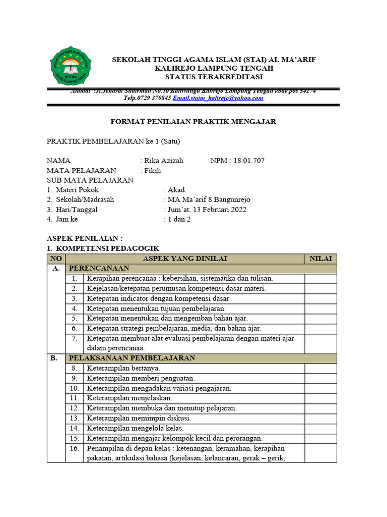 Format Penilaian Praktik Mengajar | PDF Format Penilaian Praktik Mengajar | PDF