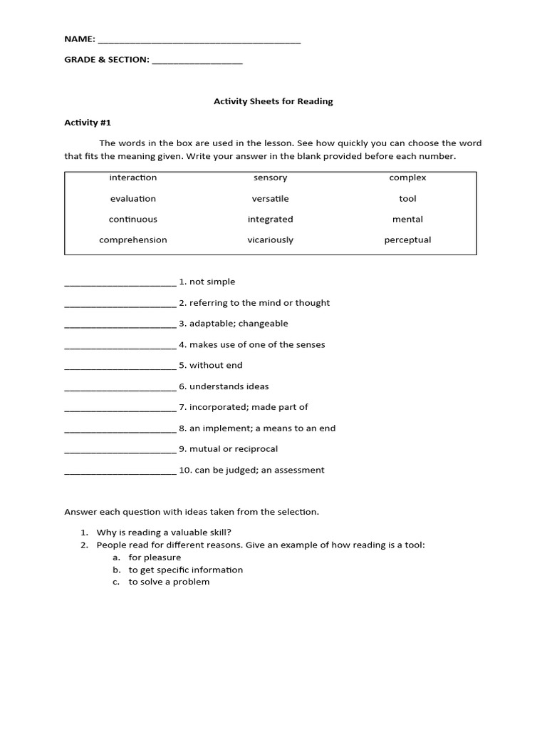 reading activity sheets in english | PDF | Reading Comprehension ...