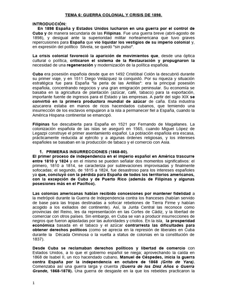 Tema 6 GUERRA DE CUBA | PDF | Cuba | España