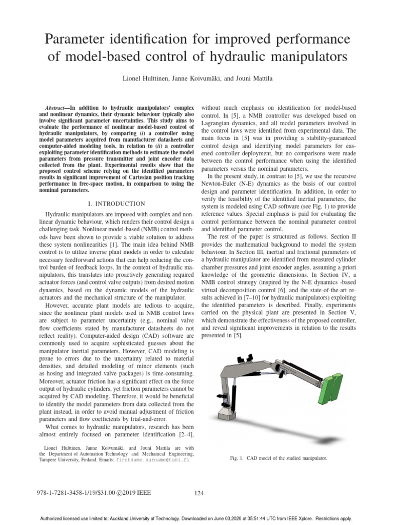Parameter identification for improved performance of model-based control of hydraulic ...