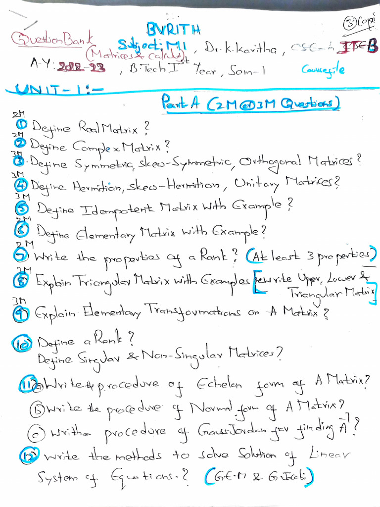 Matrices and Calculus Question Bank Bvrit | PDF
