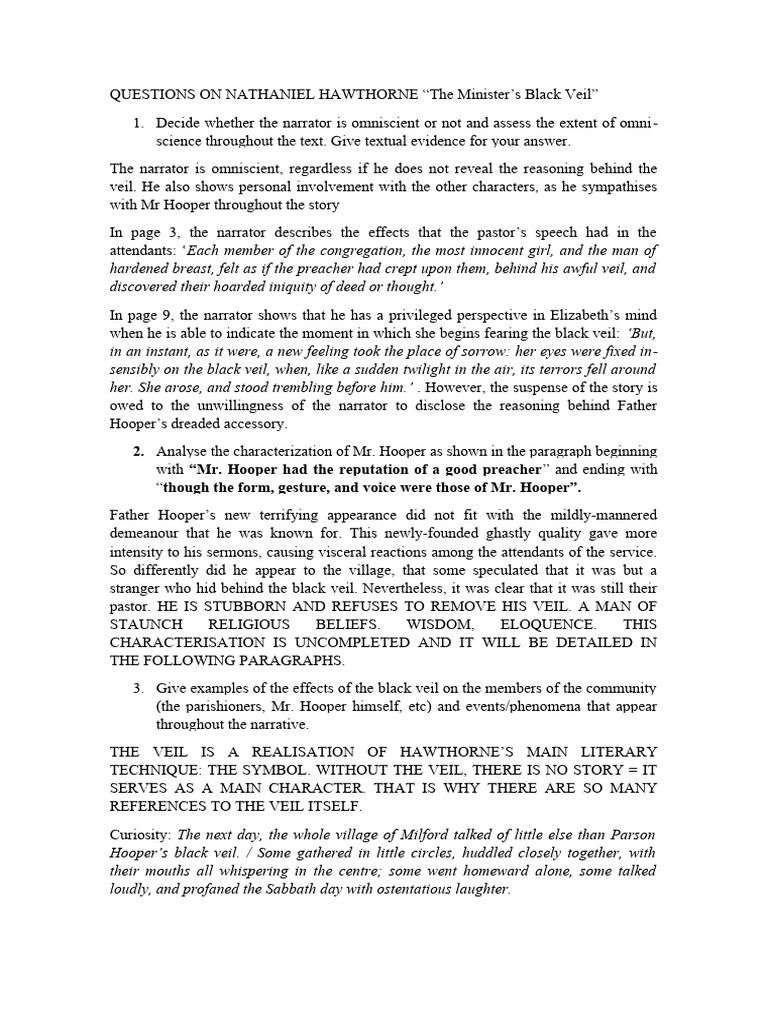 Questions On Nathaniel Hawthorne. The Ministers Black Veil | PDF ...