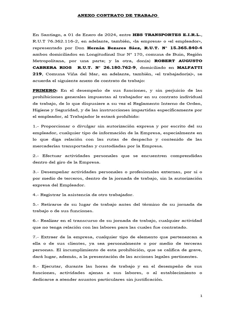 ANEXO CONTRATO DE TRABAJO_PROHIBICIONES - BORIS ROJAS | PDF | Business ...