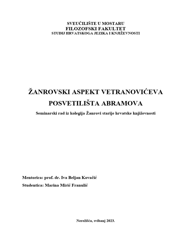Žanrovski Aspekti Vetranovićeva Posvetilišta Abramova | PDF