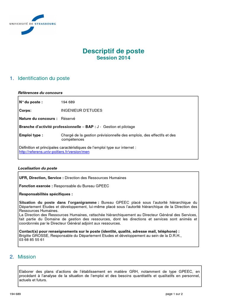 Descriptif de poste : Ingénieur d'études | PDF | Gestion des ressources ...