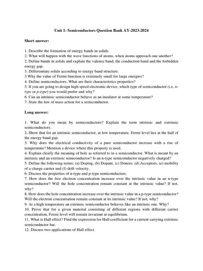 Updated Unit 1- Semiconductors Question Bank AY-2022-2023 | PDF ...