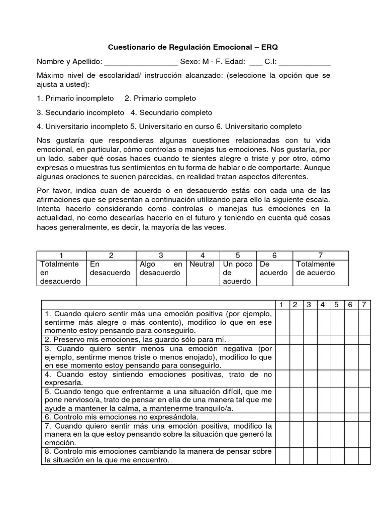 Cuestionario de Regulación Emocional | PDF | Las emociones ...