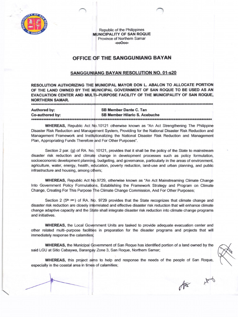 SB Resolution No. 01 s2020 | PDF | Disaster Risk Reduction | Natural Environment